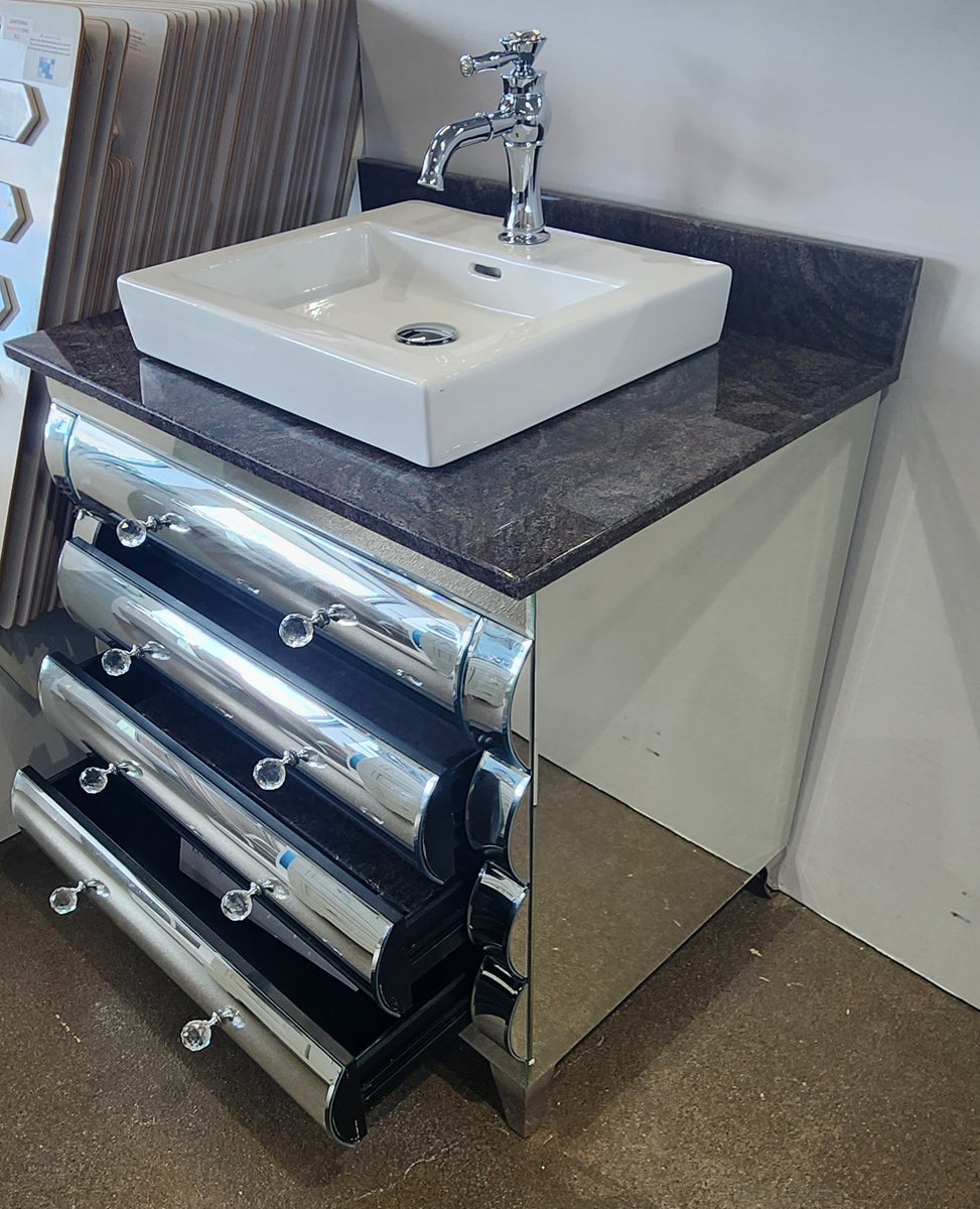 Mirrored cabinet with granite top and vessel sink – Evon.ca